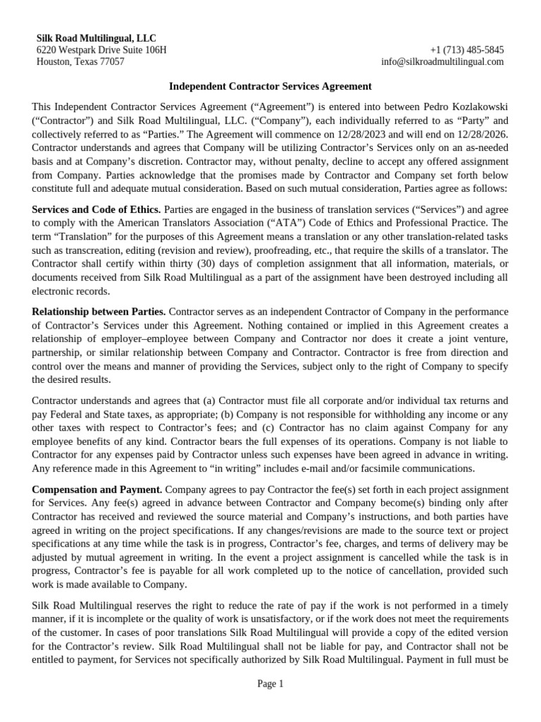 Independent Contractor Services Agreement Translation 3 | PDF ...