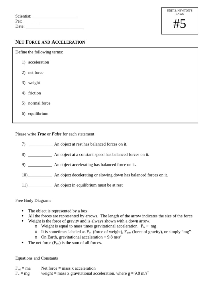 05 - Net Force and Acceleration Ws5 | PDF | Force | Weight