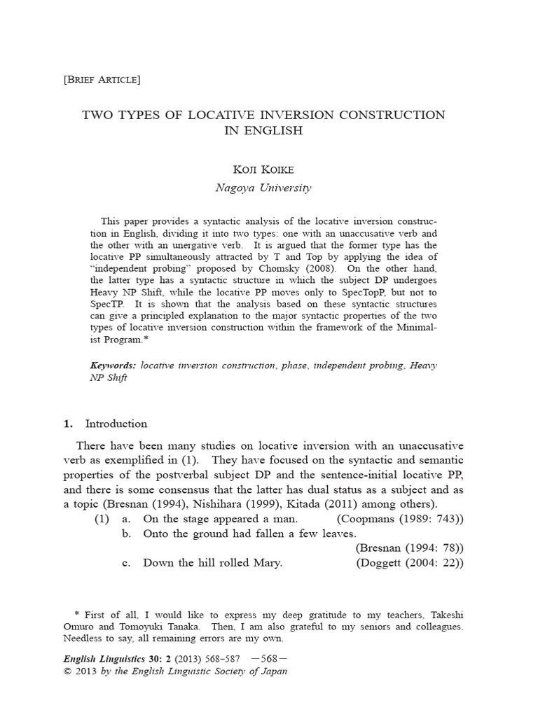 Koike, K. (2013) - Two Types of Locative Inversion Construction in English. | PDF | Syntax | Clause