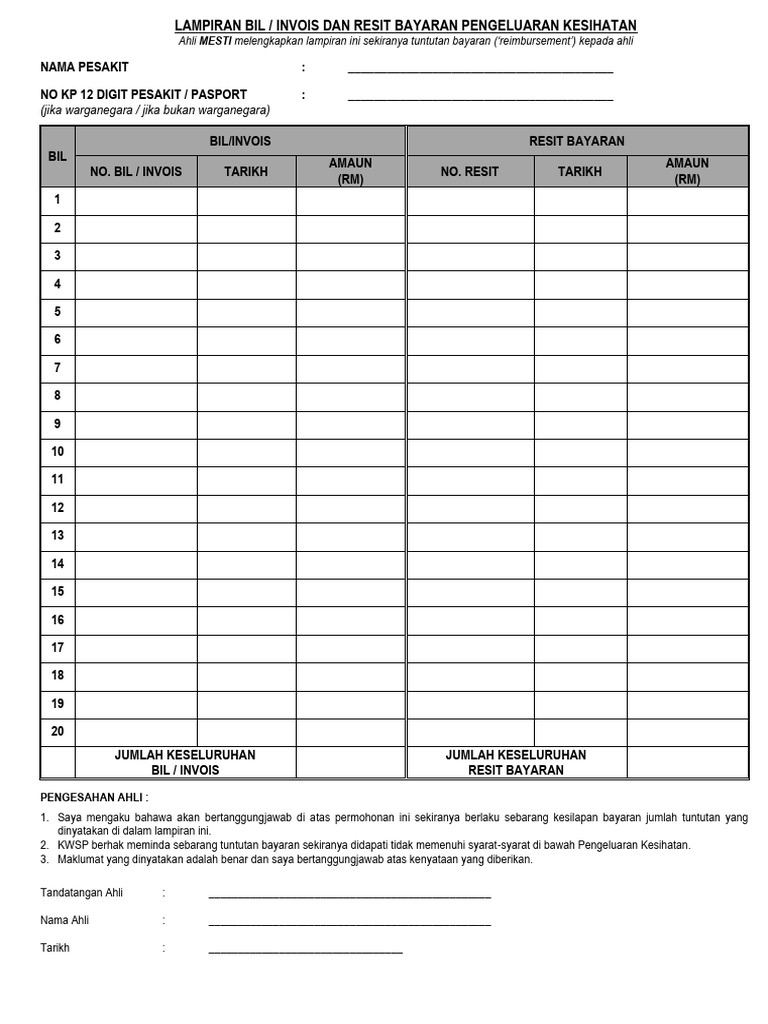 Lampiran A2 Format Lampiran Resit Pengeluaran Kesihatan 08082019 | PDF