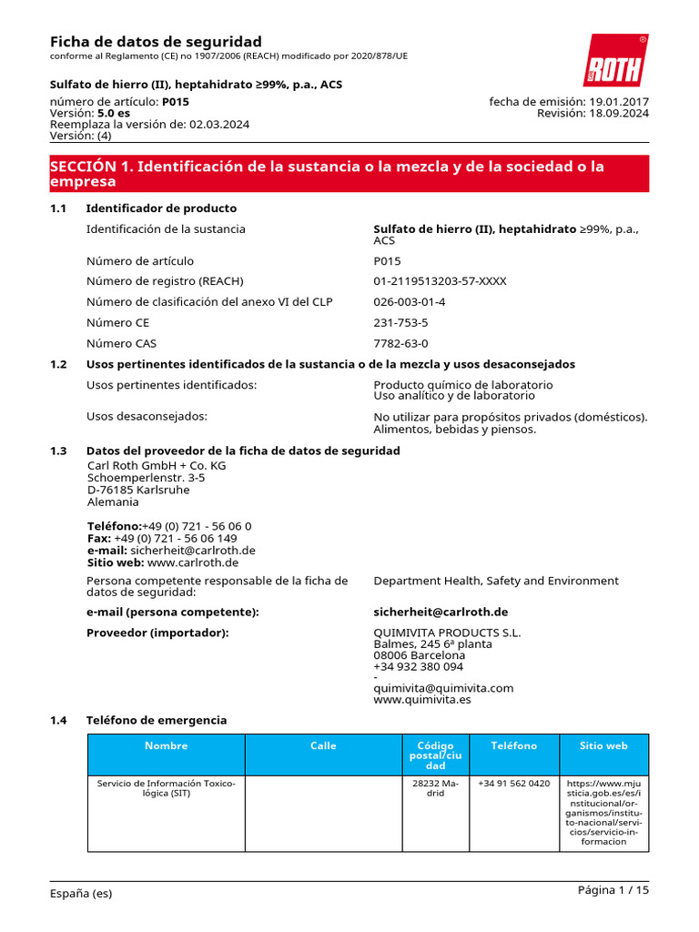Sulfato Ferroso FDS | PDF | Residuos | Toxicidad