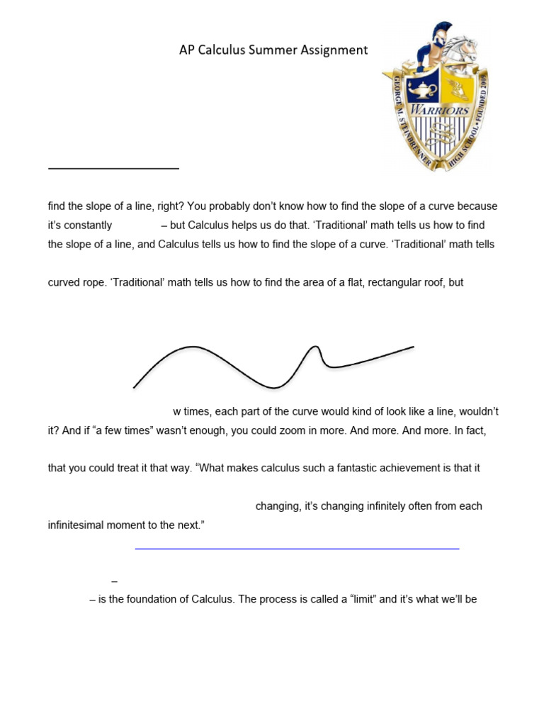 AP Calculus Summer Assignment Guide | PDF | Calculus | Mathematics