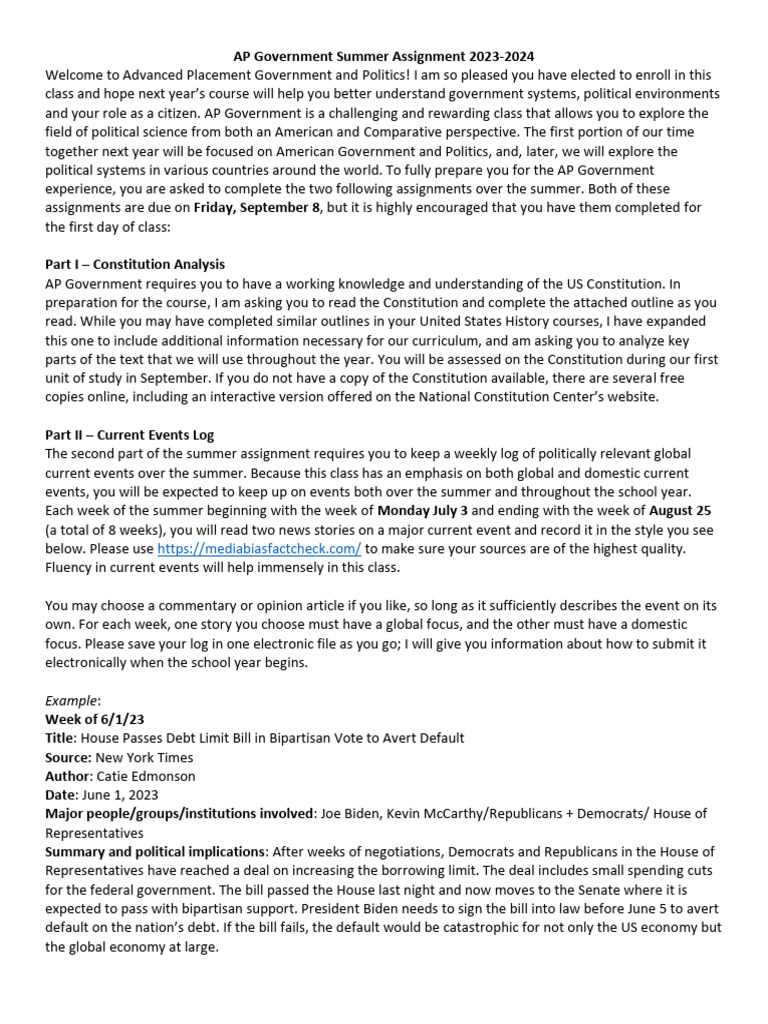 APGOV SummerAssignmentwithConstitutionChart2023 | PDF | American ...