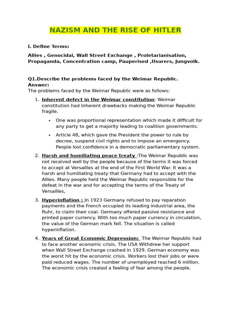Hitler Structured Worksheet With Answerkey | PDF | Weimar Republic ...