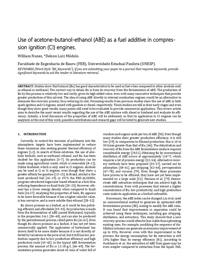 Use of Acetone-Butanol-Ethanol (ABE) As Biofuel in Compression Ignition ...