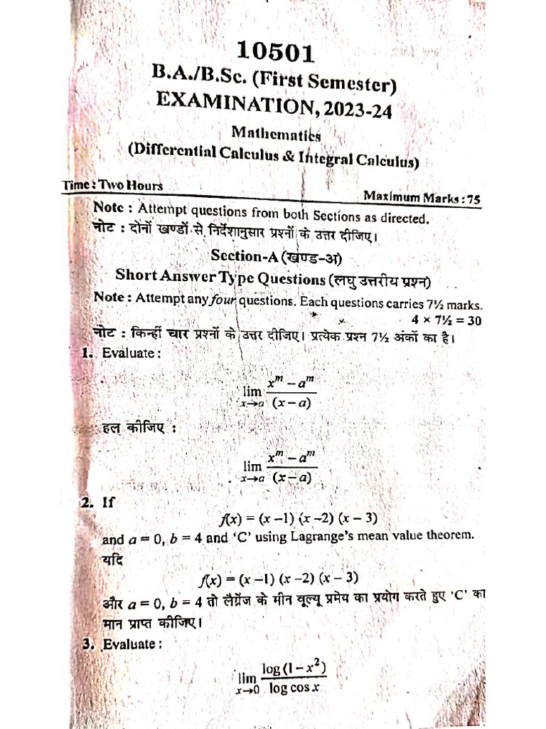 BSC 1st Sem Math Paper | PDF