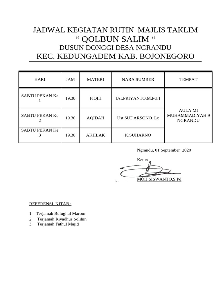 Jadwal Kegiatan Rutin Majlis Taklim | PDF