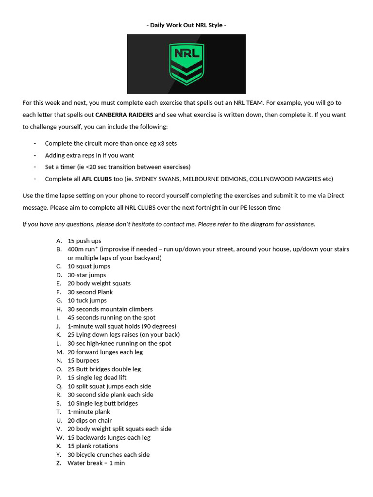 Daily Work Out NRL Style | PDF