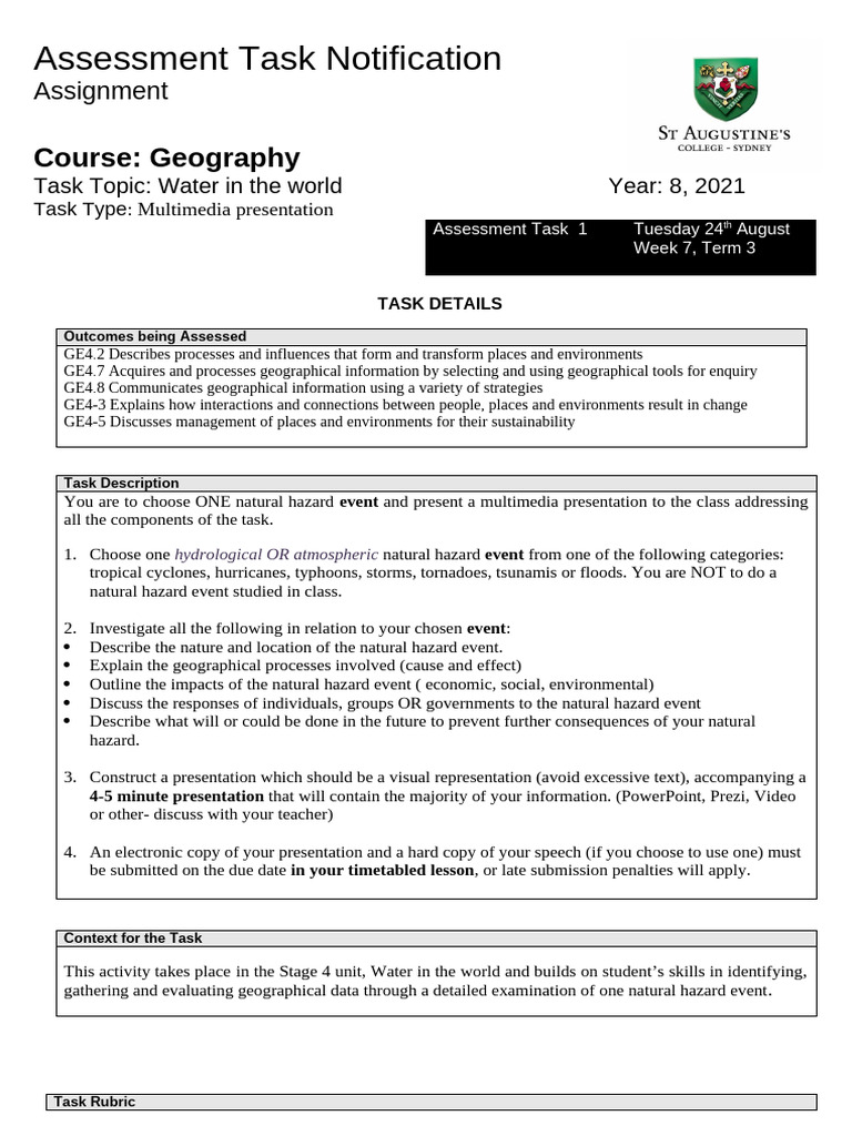 08 Geography Assessment Task 1 2021 Sem 2 | PDF | Natural Disasters ...