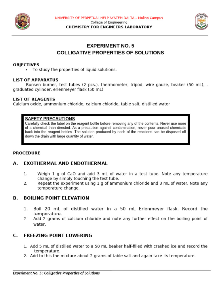 Experiment No. 5 Colligative Properties of Solutions | PDF | Water ...