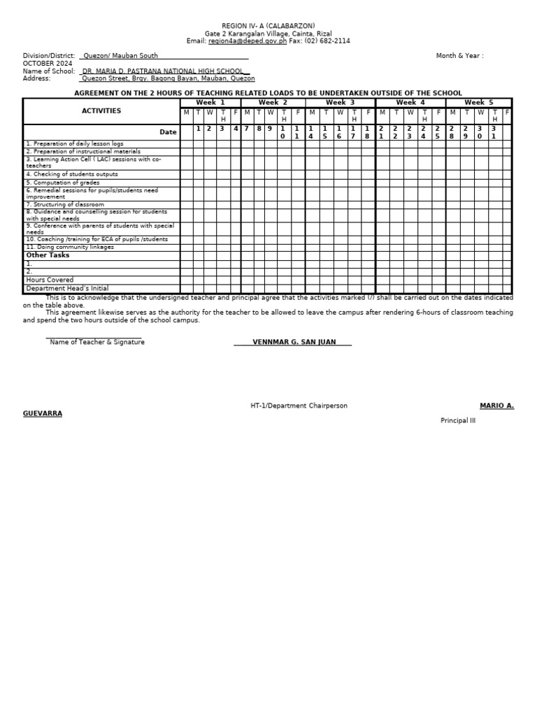 DMDPNHS 2 Hour Agreement NOVEMBER 2023 | PDF | Teachers | Learning