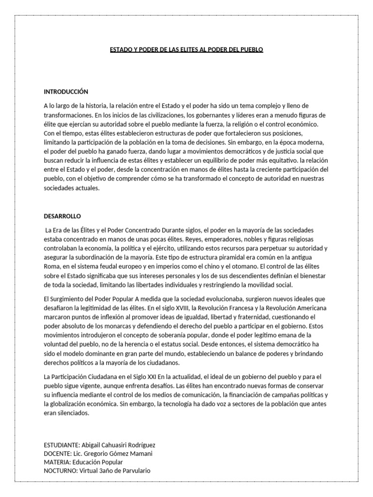 ESTADO Y PODER DE LAS ELITES AL PODER DEL PUEBLO - Docx ABIGAIL ...