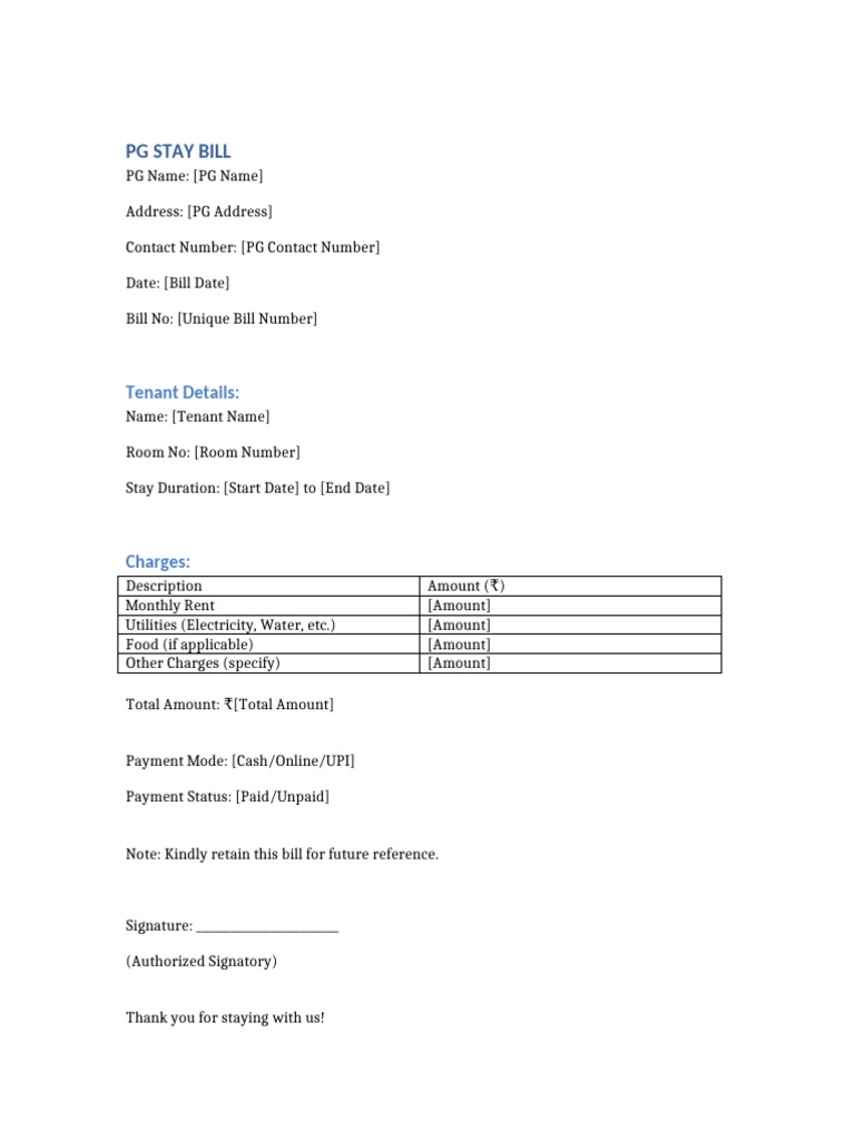 PG Stay Bill Receipt Format | PDF