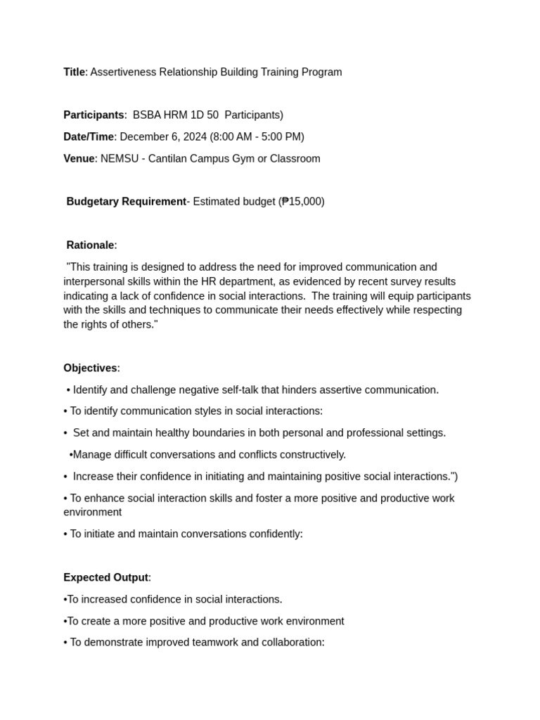 Proposal For Assertiveness Relationship Building Training Program | PDF | Psychology ...