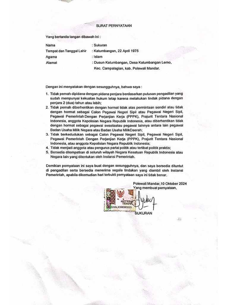 Surat Pernyataan Sukuran | PDF