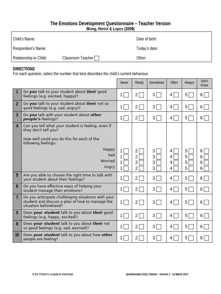 Emotions Development Questionnaire - Teacher 2022 | PDF | Feeling | Thought