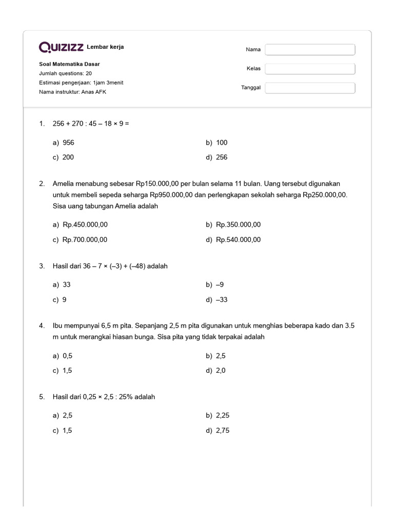 Soal Matematika Dasar - Quizizz | PDF Soal Matematika Dasar - Quizizz | PDF