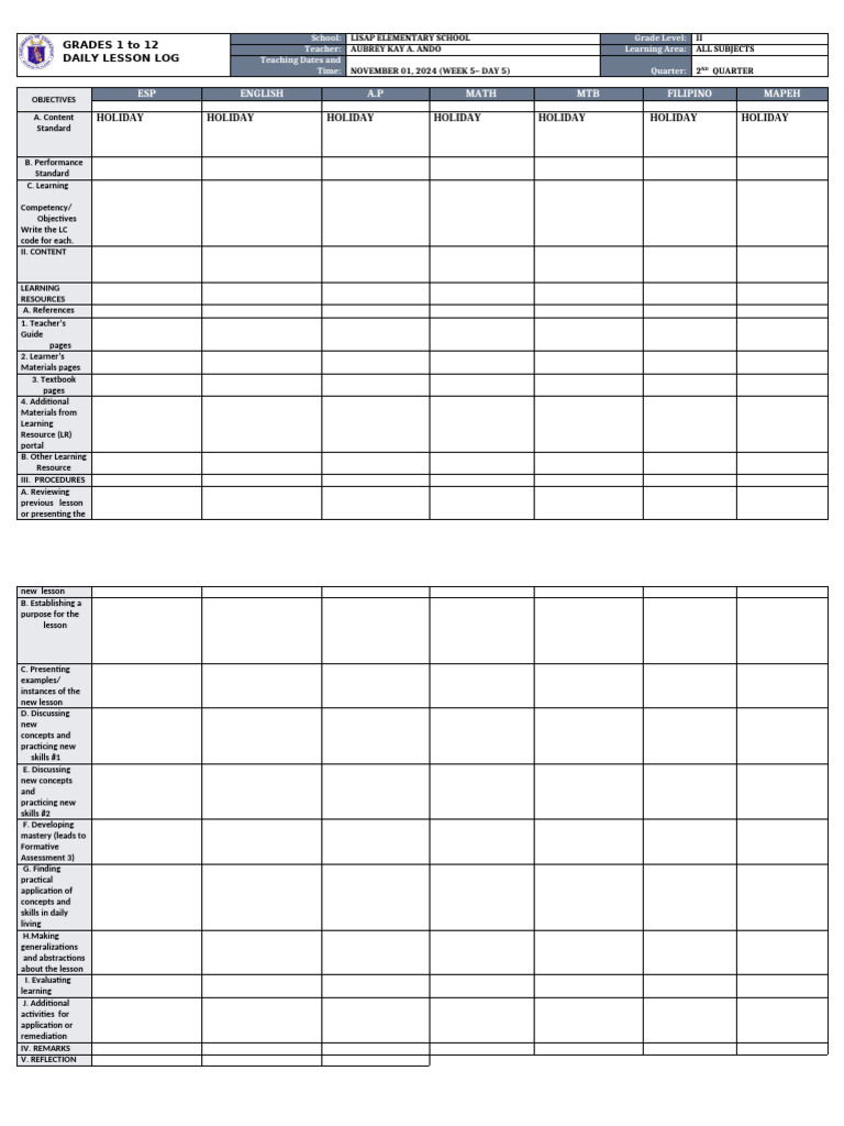 DLL All Subjects q2 w5 Day 5 | PDF | Learning | Behavior Modification