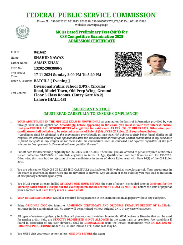 Online - Fpsc.gov - PK FPSC Css Prelim Exam 2025 BK Reports Css MPT Ac ...