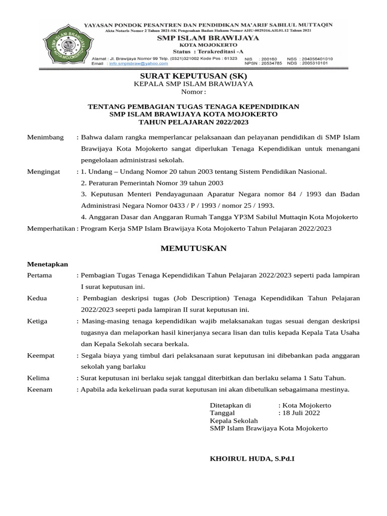SK Pembagian Tugas TU 2022-2023 - Tok | PDF
