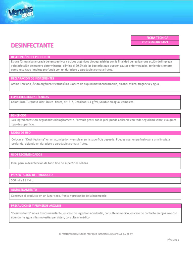 017 Ficha Tecnica Desinfectante | PDF