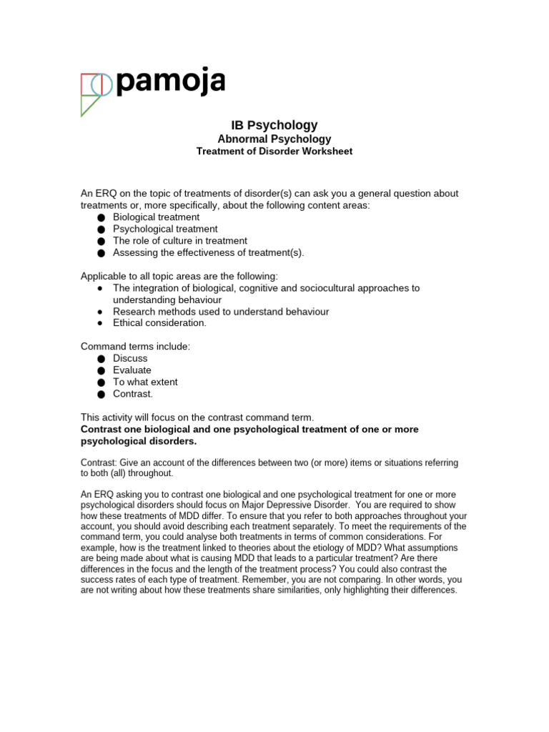 Abnormal Psychology Treatment Contrast Worksheet | PDF | Career & Growth