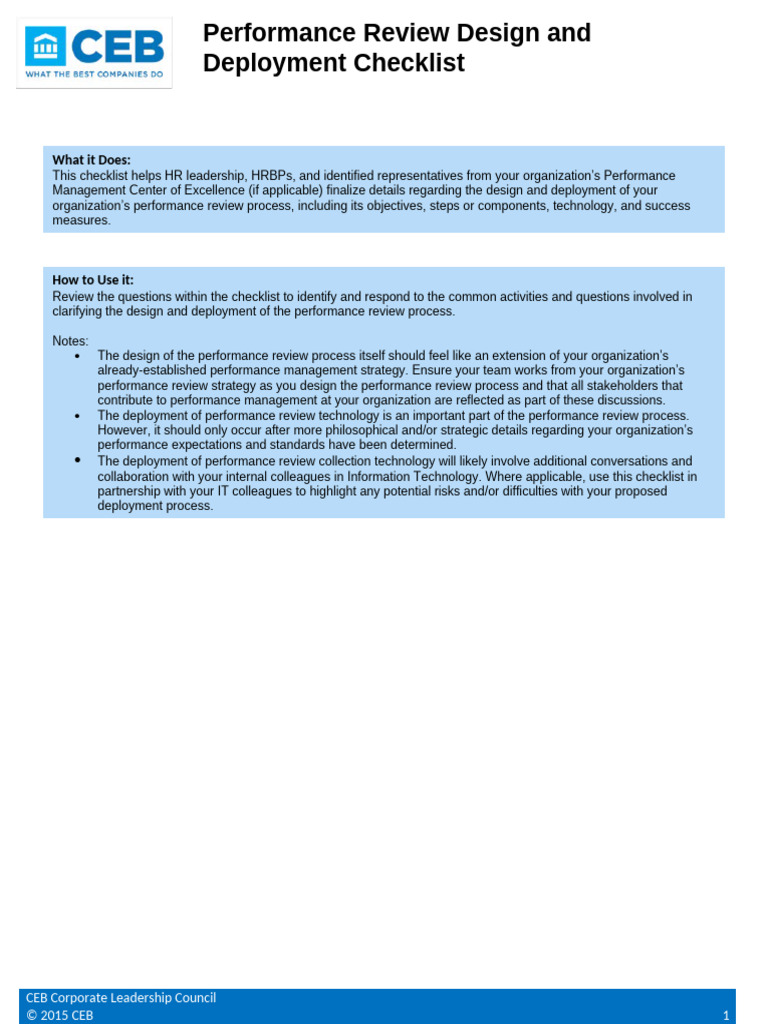 2.2 Performance Review Design and Deployment Checklist | PDF | Risk | Goal