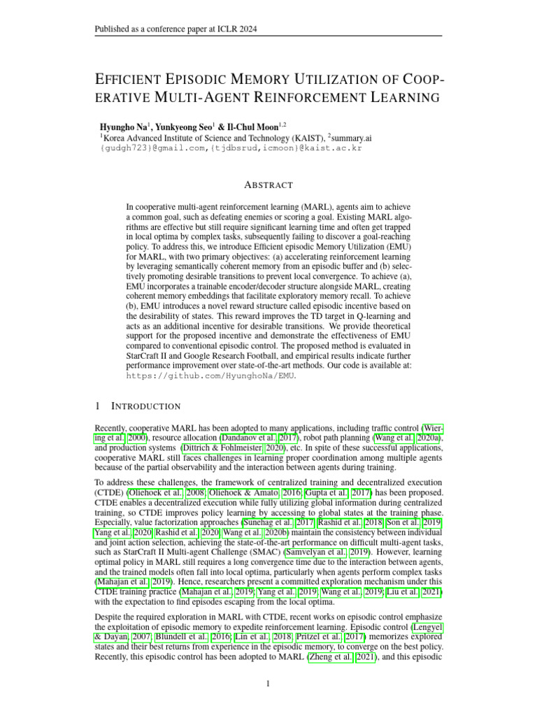 Efficient Episodic Memory Utilization of Cooperative Multi-Agent Reinforcement Learning | PDF ...