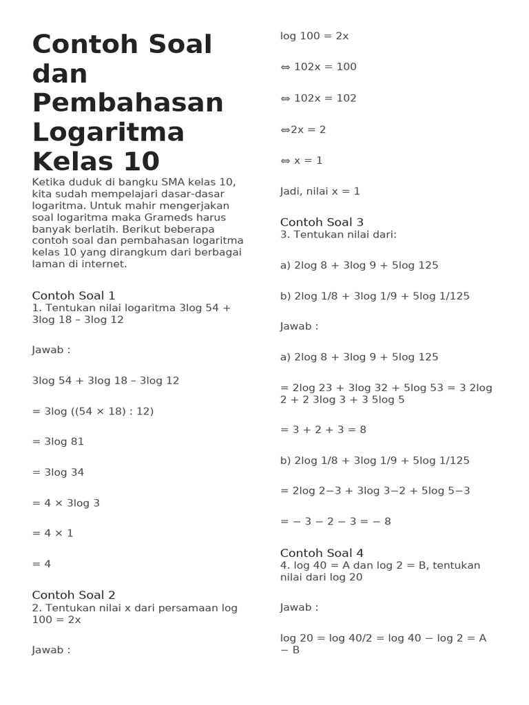 Soal dan Pembahasan Logaritma Kelas 10 | PDF