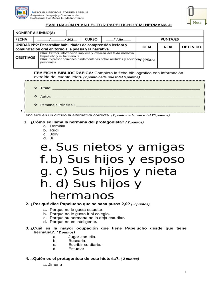 Evaluación Plan Lector: Papelucho y Ji | PDF