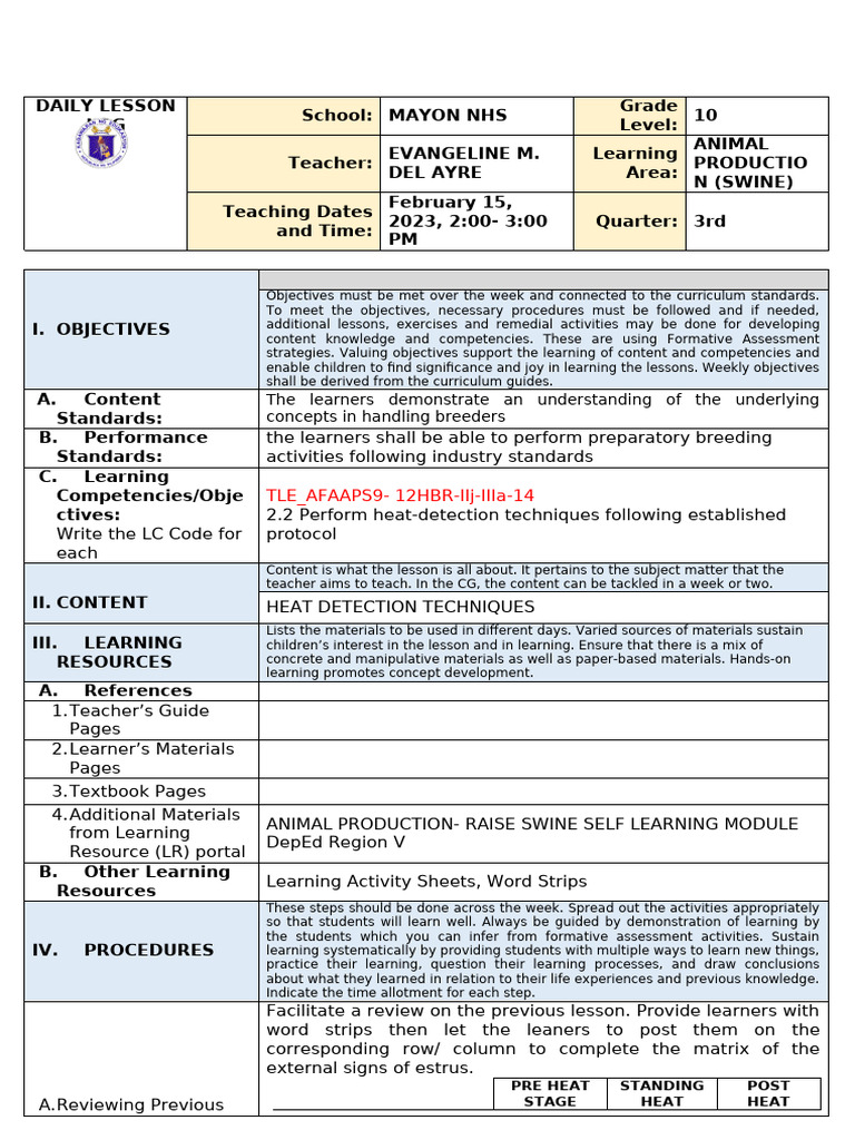 Cot 2 Deatiled Lesson Plan in Animal Production 7 | PDF | Learning | Pig