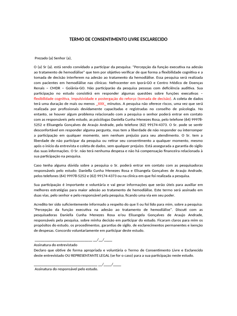 (MODELO) Termo de Consentimento Livre Esclarecido | PDF | Cognição