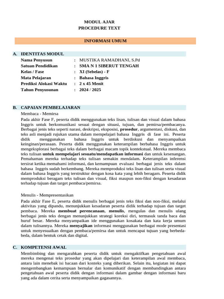 Fix Modul Ajar Procedure Text Ukin Mustika Ramadhani | PDF | Karier & Perkembangan | Seni ...