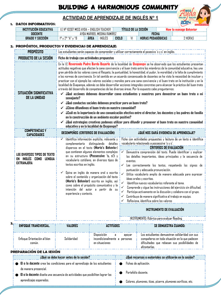 SESIÓN DE CLASE #1 - PREA-S1-How To Manage Behavior - MISS AYDA | PDF | Evaluación | Conceptos ...