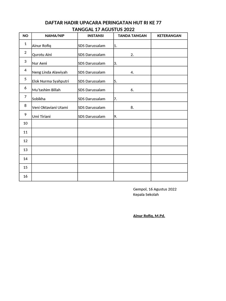 Daftar Hadir Upacara Hut Ri | PDF