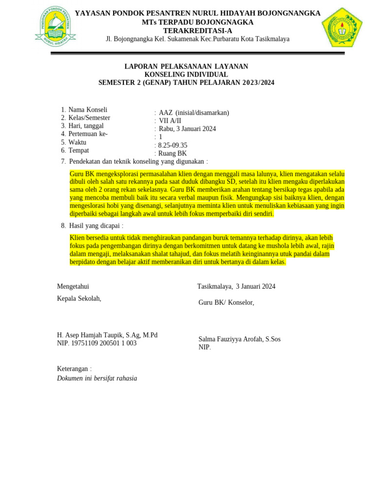 Laporan Konseling Individual MTs 2023/2024 | PDF