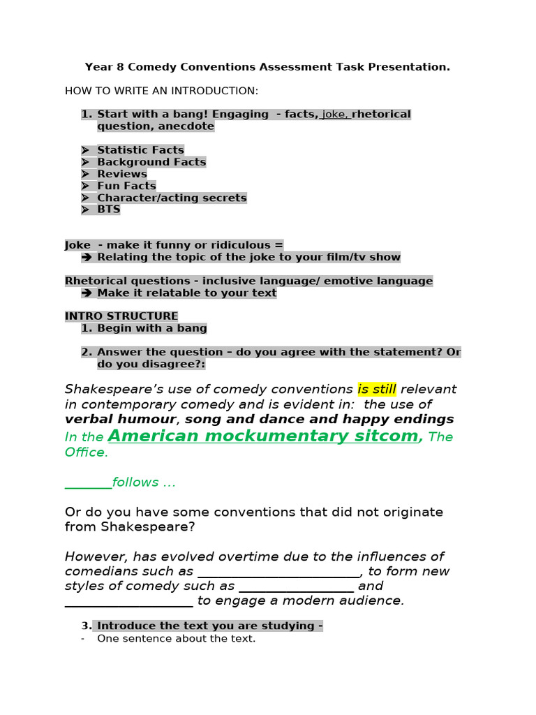Scaffold Year 8 Comedy Conventions assessment task 2 | PDF | Irony | Comedy