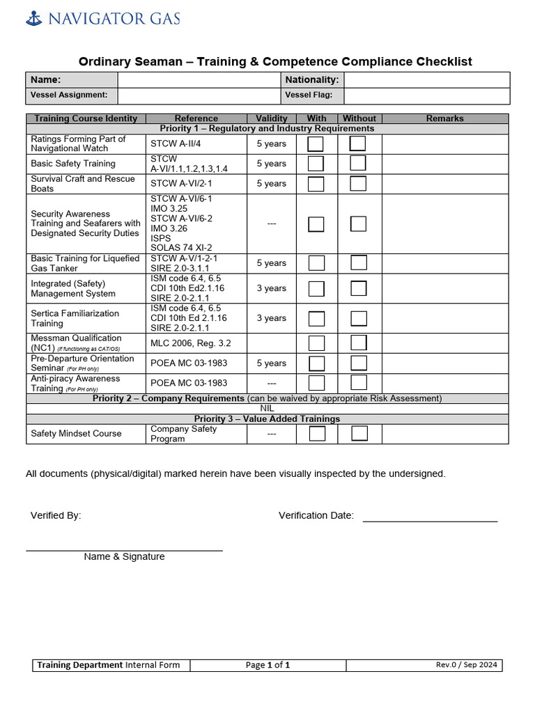 Ordinary Seaman Training Compliance Checklist | PDF | Water Transport ...