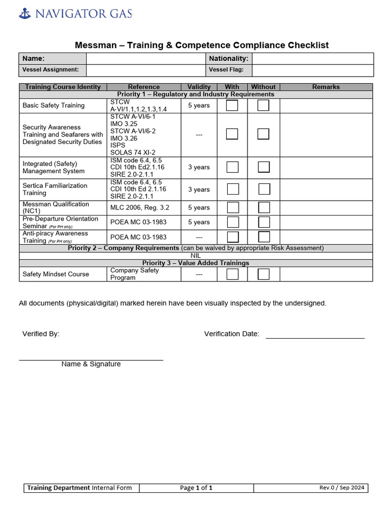 MSM - Training & Competence Compliance Checklist | PDF