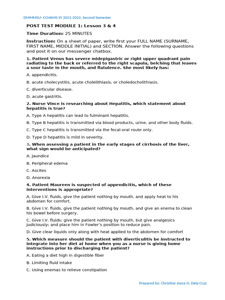 Module 1 Lesson 3 and 4 Post Test | PDF | Hepatitis | Medical Specialties