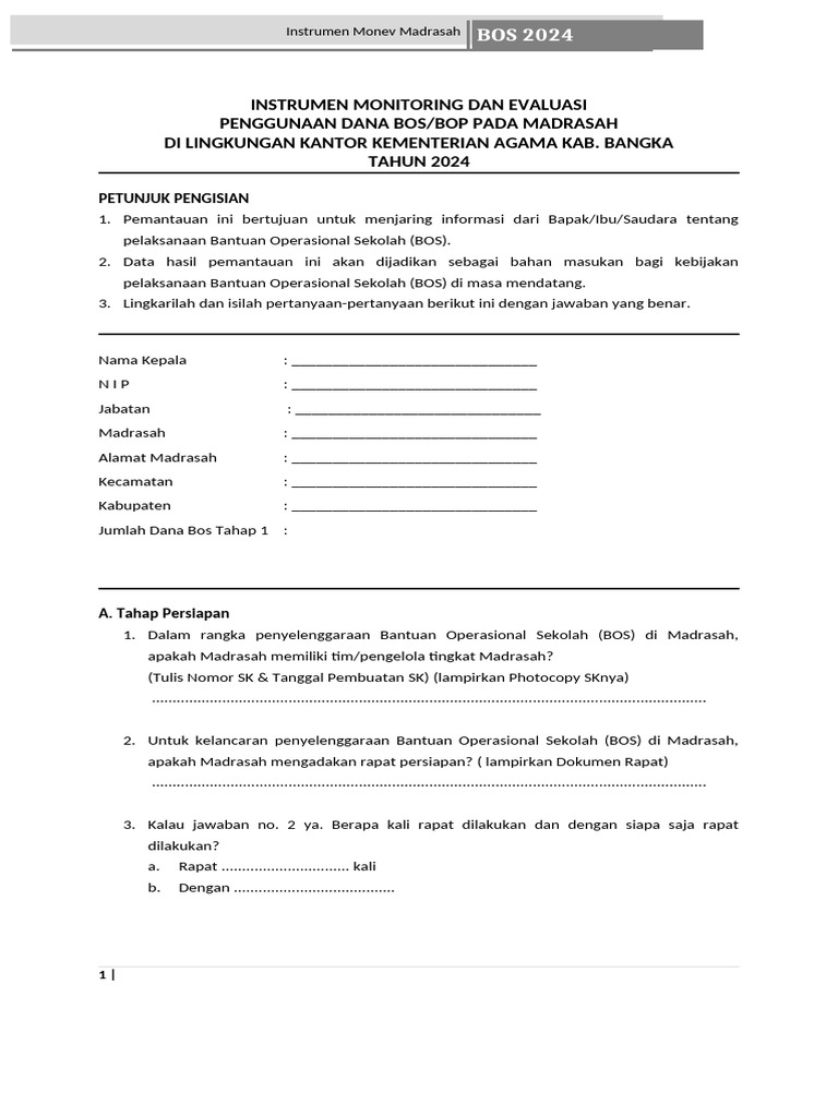 Instrumen Monev Bos Tahun 2024 | PDF