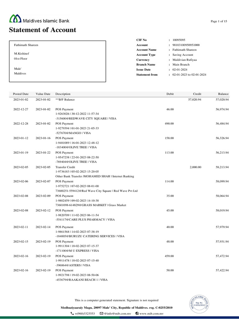 Detailed Account Statement 2023 | PDF | Visa Inc. | Debit Card