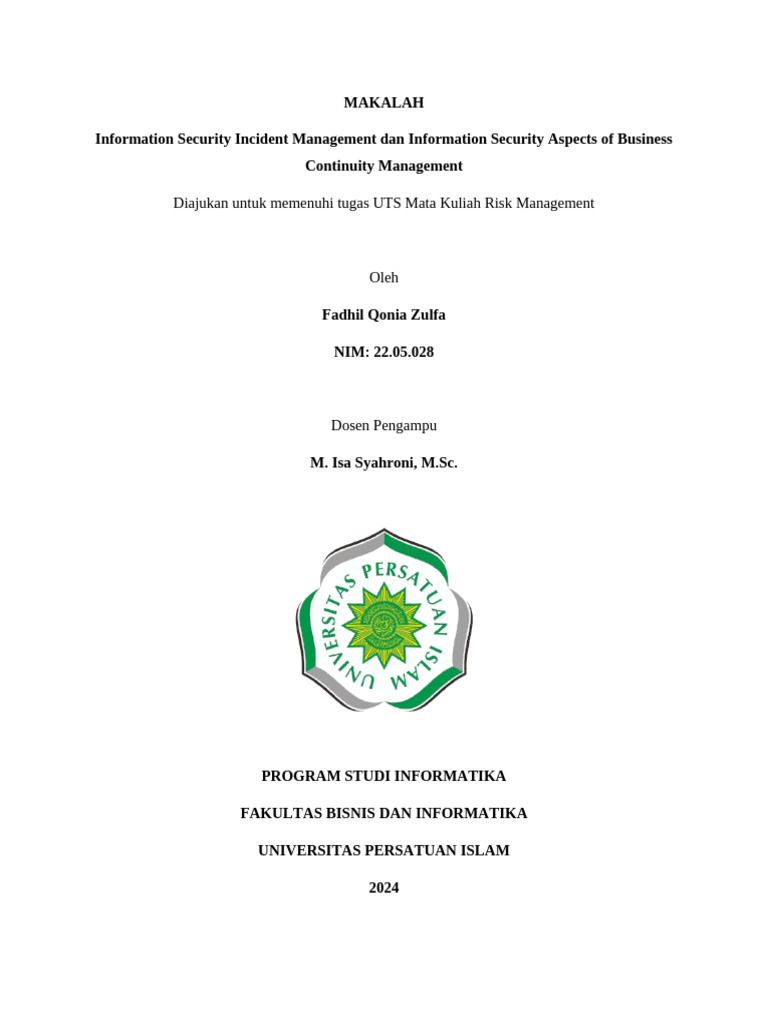 Diajukan Untuk Memenuhi Tugas UTS Mata Kuliah Risk Management | PDF