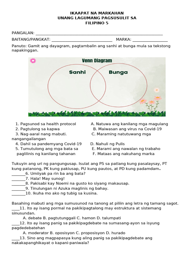First Summative Test in Filipino 5-Q4 | PDF