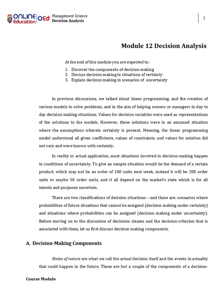 W13 Lesson 10 - Decision Analysis - Module | PDF | Decision Making | Expected Value