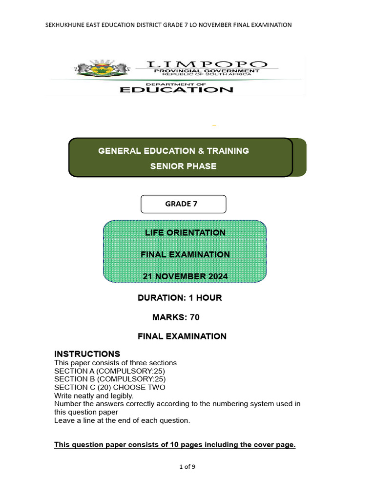 Grade 7 Life Orientation Exam 2024 | PDF | Psychology