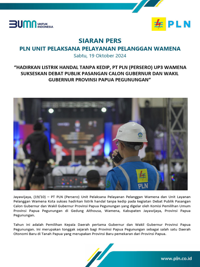Siaran Pers: PLN Unit Pelaksana Pelayanan Pelanggan Wamena | PDF