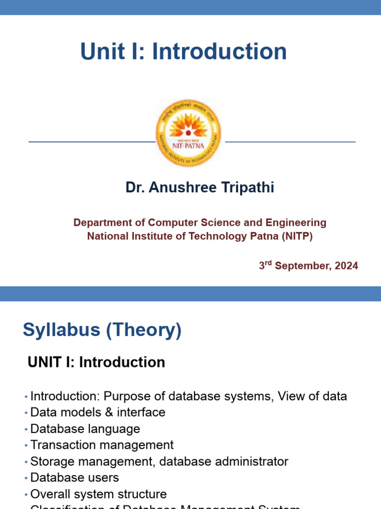 Unit I Introduction 1 | PDF | Databases | Data Model