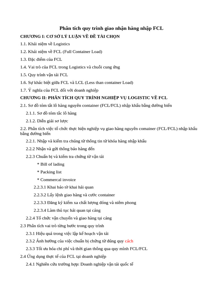 Phân tích quy trình giao nhận hàng nhập FCL | PDF