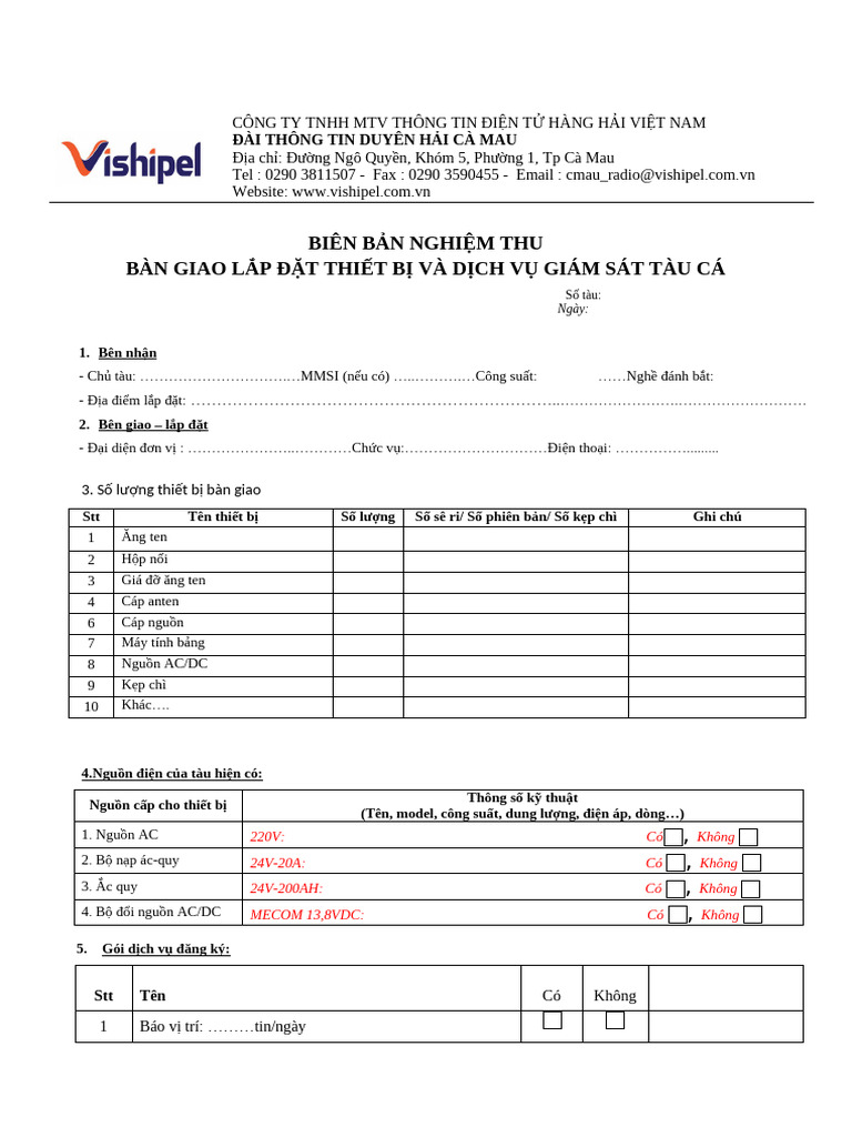 Biểu Mẫu 5 .Mẫu Bien Ban Nghiem Thu Lắp Đặt VIFISH - V3 | PDF